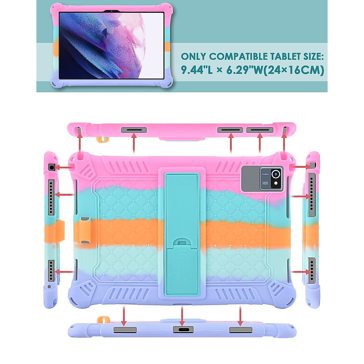 DETUOSI Silicone Case for Okaysea 10.1 inch Tablet with Stylus Pen & Shoulder Strap, Multi-Angle Stand Case, Soft Lightweight Protcetive Cover for QunyiCO 10.1, Moderness MB1001 10.1, Dazzling Pink