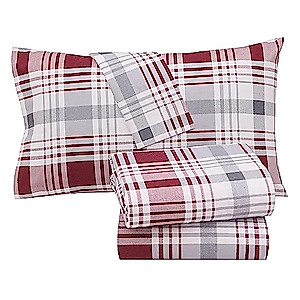 RUVANTI Flannel Sheets Full Size - 100% Cotton Brushed Bed Sheet Sets - Deep Pockets 16 Inches (fits up to 18") - All Seasons Breathable & Super Soft - Warm & Cozy - 4 Pcs - Balance Plaid Maroon