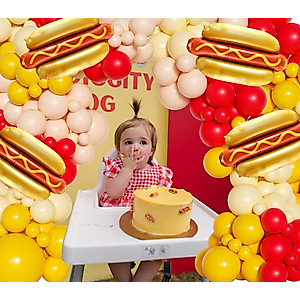 Woaipati Cute Hot Dog Balloon Garland Arch Kit，151PCS Red and Yellow Balloons, Creative Theme for Baby Shower Gender Reveal Boy Girl Birthday Cookout Fast Food Snacks Themed Party Decorations