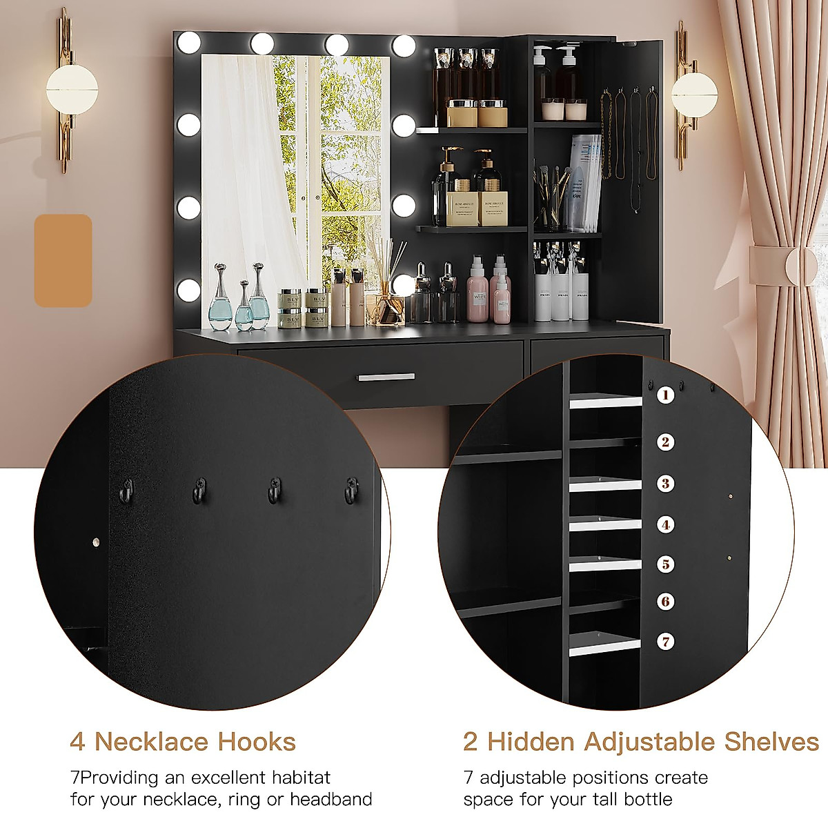 usikey Makeup Vanity with Lights, Vanity Desk with Mirror and 10 LED Lights, Vanity Table Set with 4 Drawers, Cabinet & 4 Necklace Hooks, Dressing Table for Bedroom, Black