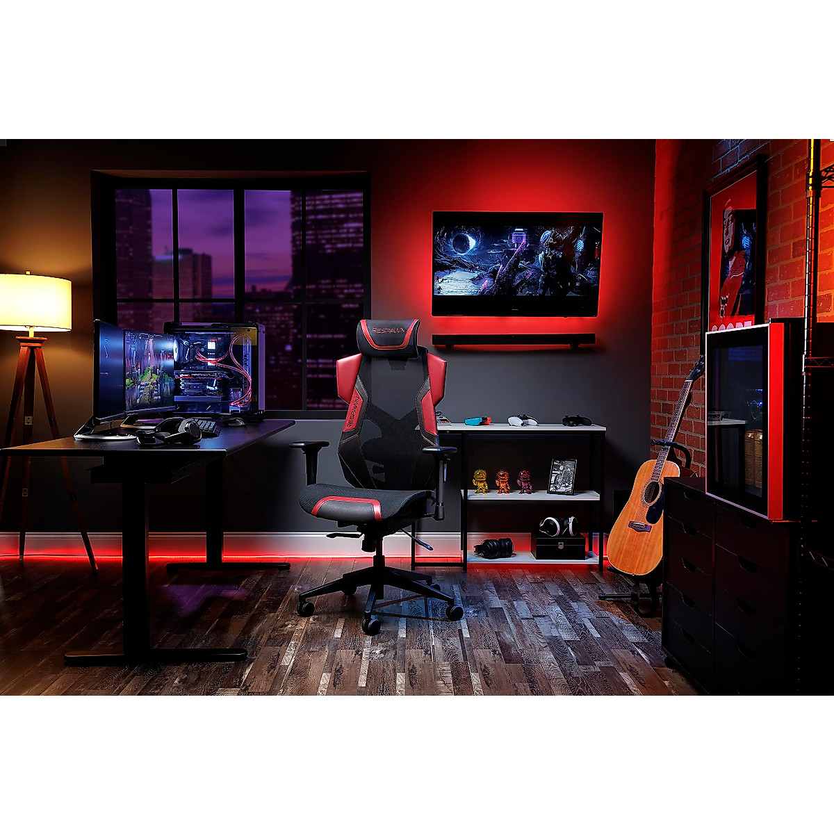 RESPAWN FLEXX Mesh Gaming Chair With Lumbar Support, Ergonomic Gaming Chair with Recline/Tilt Tension Controls, Adjustable Arms, 300lb Max Weight With Wheels for Computer/Desk/Office - Red