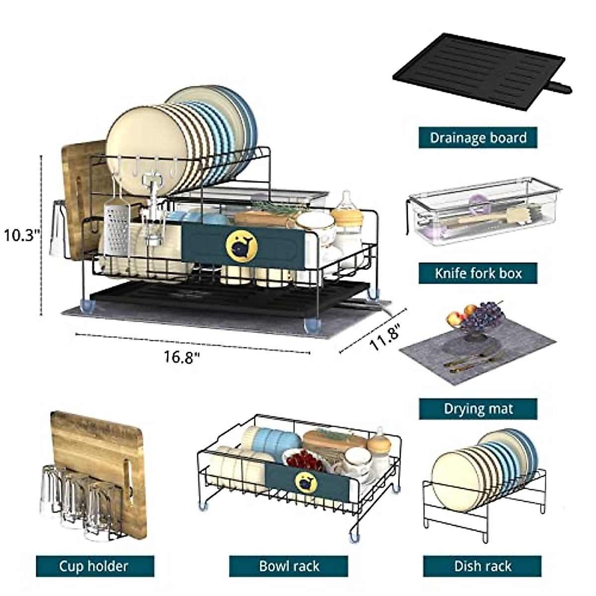 slhsy Removable Design 2 Tier Dish Drying Rack/Strainers with Drainboard, Swivel Spout, Cup & Utensil Holder and Drying Mat for Kitchen Counter, Black