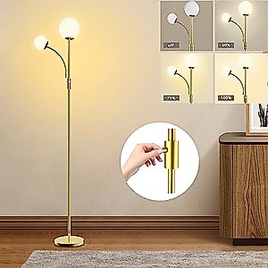 bulbeats Dimmable Globe Floor Lamp, Gold Standing Lamp with Adjustable Reading Light 3000K 6W G9 Bulbs, Industrial Tall Lamp for Living Room Bedroom Mid Century Modern Decor