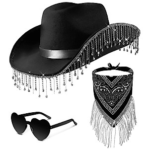 Leumoi 3 Pcs Rhinestone Cowgirl Hat with Fringe Rhinestone Bandana and Heart Sunglasses Bling Diamond Fringe Cowboy Hat (Black)