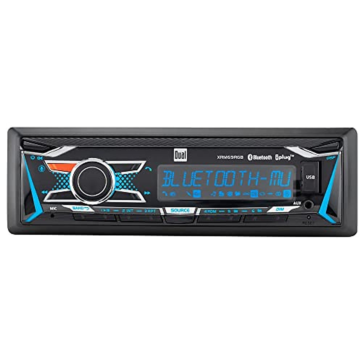 Dual Electronics XRM69RGB | 12 Character LCD Single DIN Car Stereo | RGB Custom Colors | Push to Talk Assistant | Bluetooth Hands Free Calling Music Streaming | AM/FM | USB Playback & Charging
