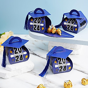 Graduation Cap Gift Box 30 Pcs 2024 Congrats Grad Graduation Candy Box with Tassel Treat Box, Graduation Party Favors Graduation Centerpieces for Tables Decorations Grad Party Supplies(Blue, Gold)
