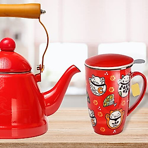 Needzo Lucky Cat Tea Cup with Infuser, Lid and Strainer for Steeping Loose Leaf Teas, Japanese Ceramic Mug, 15 Ounces