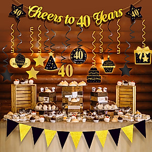 PRE-STRUNG 40th Birthday Banner, Cheers to 40 Years Banner, Happy 40th Birthday Hanging Swirl Ceiling Decoration for Men Women Him Her, Black Gold 40 Year Old Birthday Party Decor Kit, 30PCS, Vicycaty