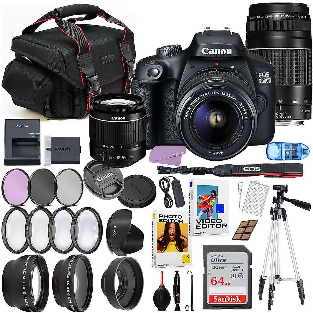 Canon EOS 2000D DSLR Camera with 18-55mm & 75-300mm Lens Bundle + Commander Optics Accessories Pro Package Including Filters, Telephoto & Wide Lenses + 64GB Memory, Software Package & More (Renewed)