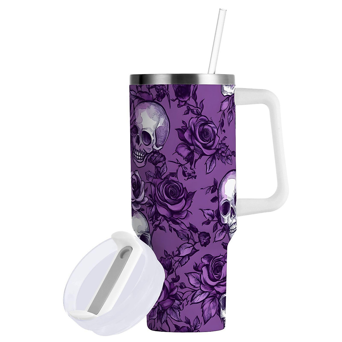 40 oz Car Tumbler Cup with Handle and Straw Lid for Water,Iced Tea or Coffee Purple Rose Skull Travel Mug Home Work Office Stainless Steel Water Bottle
