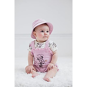 Disney Minnie Mouse Infant Baby Girls French Terry Short Overalls T-Shirt and Hat 3 Piece Outfit Set Pink 18 Months