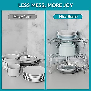 Joy Aid 2-Tier Kitchen Corner Shelf Rack for Dishes, Cookware, Appliance, Tools and More, Organization Shelf for Kitchen, Bathroom, Garage and Tool Shed, 304 Stainless Steel