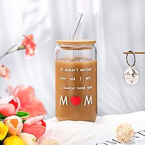 Yetene 2 Pcs Mother's Day Gifts 16 oz Coffee Glass Cup and Mom Keychain for Mama Coffee Mug with Straw and Lid Mom Birthday Gifts from Daughter Son