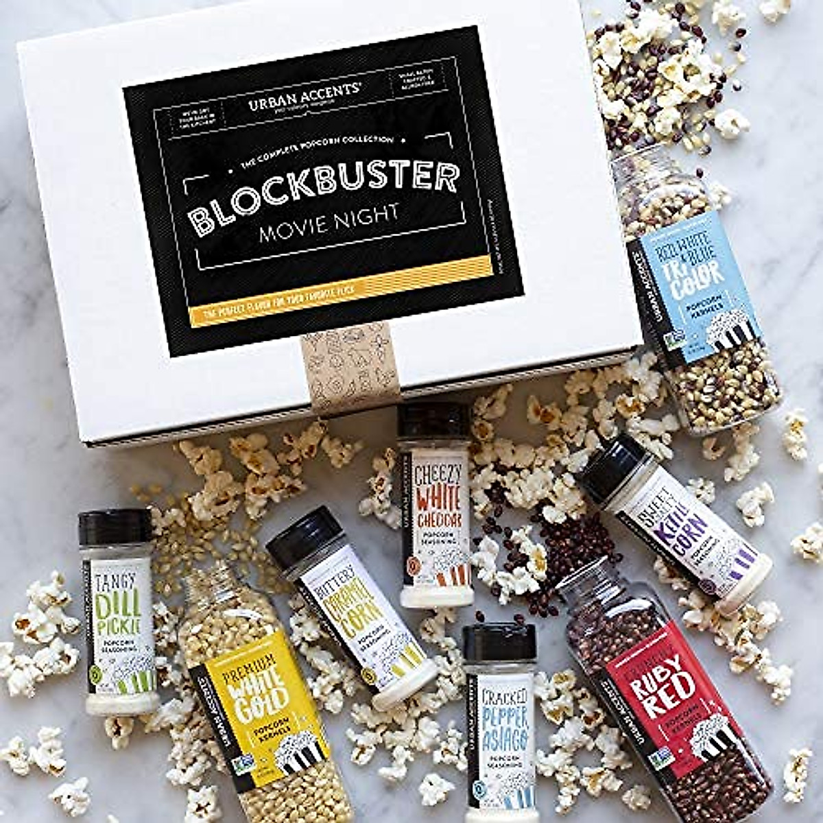 Urban Accents BLOCKBUSTER, Movie Night Popcorn Kernels Gift and Popcorn Seasoning Variety Pack (Set of 9)-3 Kernels and 6 Popcorn Seasonings
