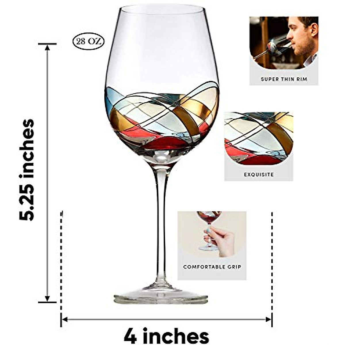 Bezrat Red Wine Glasses Set of 2, Hand Painted Wine Glass, Drinkware Essentials, 11" H, 28oz Wine Lover Large Glass, Glassware Gifts Ideas for Women Inspired by 'Duomo di Milano' Mothers Day (Red)