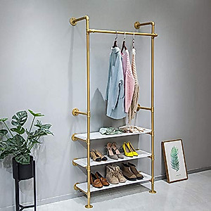 WGX Design For You Industrial Pipe Clothing Rack Wood Garment Rack Pipeline Vintage Rolling Rack On Wall（Gold）
