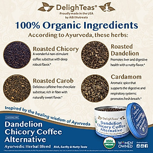 DelighTeas Organic Masala Chai Powder and Herbal Coffee Bundle - Caffeine Free, Unsweetened, Vegan, Keto, USDA Organic