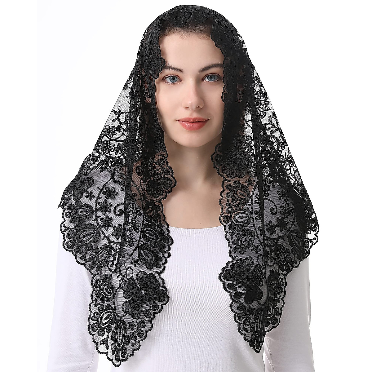 Bozidol Chapel Orthodox Head Coverings Mass Veils for Funeral Vintaged Soft Lace Mantilla Iglesia Velos with Gift Box (Black)