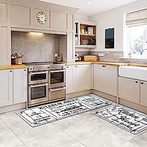 Farmhouse Kitchen Rugs Sets of 2, Personalized Kitchen Mats Cushioned Anti fatigue, Wooden Kitchen Rugs Non Slip Washable, White Kitchen Floor Mats for in Front of Sink, 18'' x 48'' + 18'' x 30''