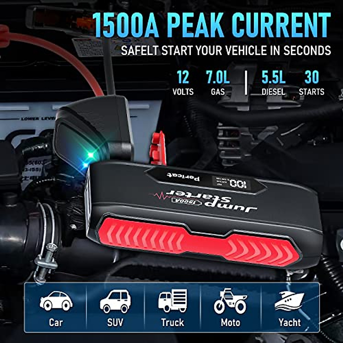 Jump Starter Pericat, 1500A Car Battery Jump Starter (7.0L Gas/5.5L Diesel), 12V Portable Car Jump Starter with LCD Display, Quick Charger Smart Jump Cables and LED Flashlight