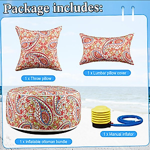 Anglechic 3 Pcs Indoor Outdoor Inflatable Ottoman Inflatable Lumbar Pillow and Toss Pillows, Fade Resistant Round Footrest Stool D21''x H9'', Portable for Patio Garden Camping or Home (Paisley)