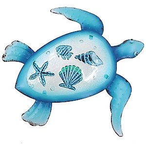 The Bridge Collection Metal Sea Turtle Wall Decor with Marine Life Glass Inlay - Indoor Outdoor Seashell Sea Turtle Wall Art - Sea Turtle Decor for Nautical, Beach, Coastal Bathroom Home Decor