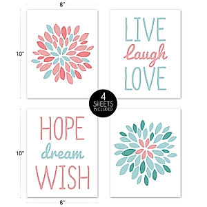 Sweet Jojo Designs Turquoise and Coral Floral Wall Art Prints Room Decor for Baby, Nursery, and Kids for Emma Collection - Set of 4 - Live Laugh Love