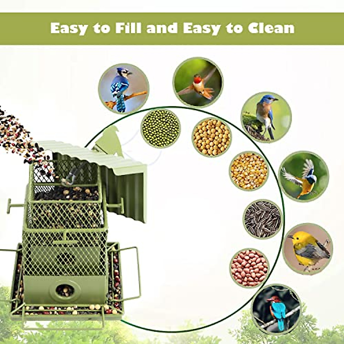 Metal Bird Feeder for Outside,6.2 lbs Large Capacity for Outside Hanging Bird Feeder for Wild Birds Chew-Proof and Water Resistant Wild Bird feeders for Cardinal, Finch, Chickadee, Blue Jay(Green)