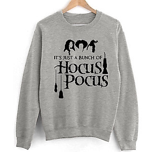 KIDDAD It's Just A Bunch of Hocus Pocus T-Shirt Women Halloween Sanderson Sisters Long Sleeve Crewneck Casual Pullover Tops Light Gray