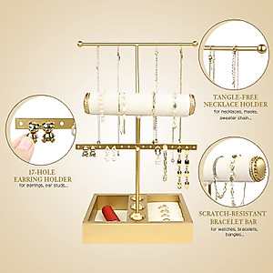 Funlove Jewelry Organizer Stand 3-in-1 Holder for Necklaces Bracelet Earrings & Ring, Tree Jewelry Tower Metal & Wood-Gold