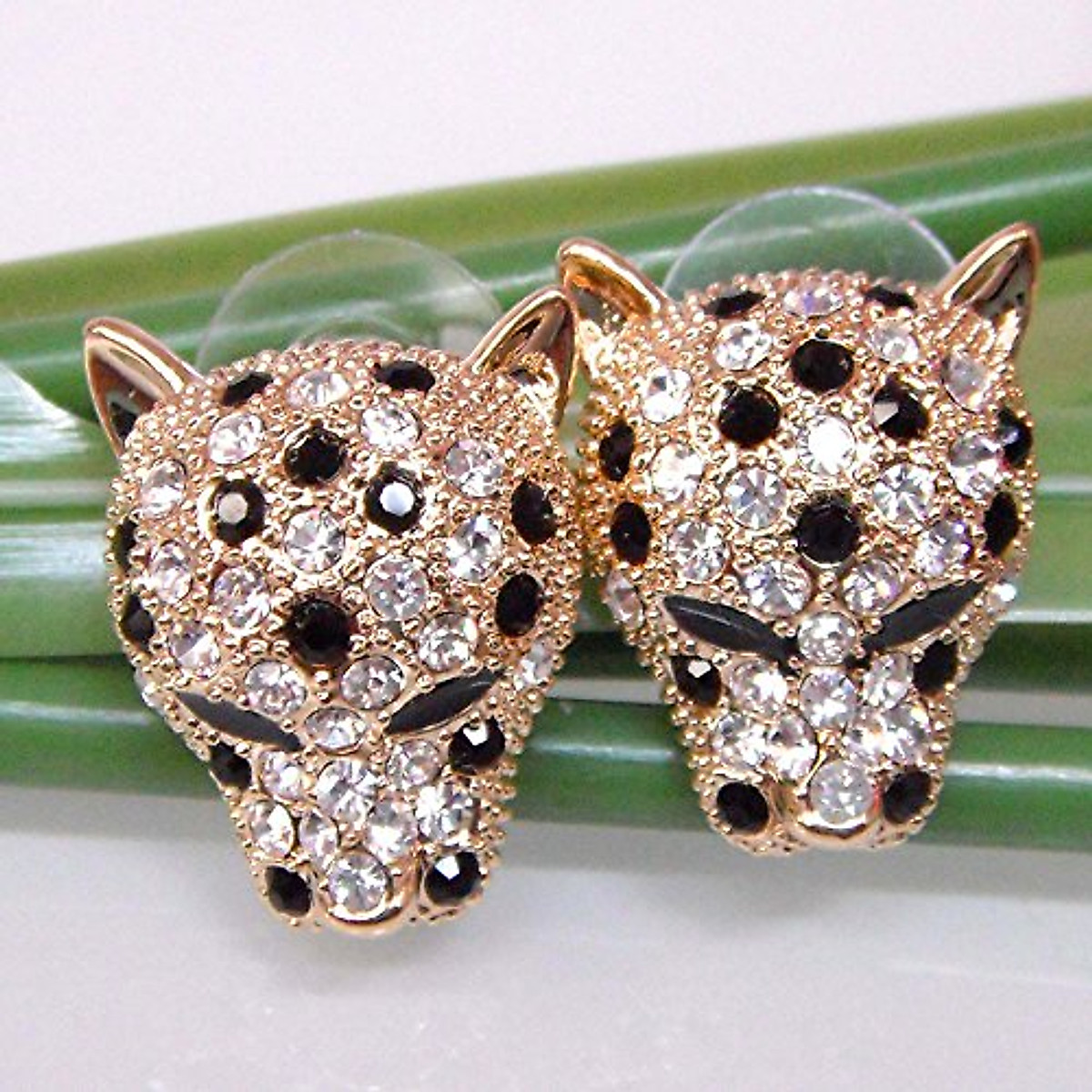 Navachi 18k Gold Plated Leopard Head White Black Crystal Az1146s Stud Earrings