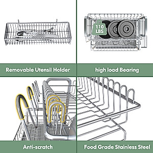 BOOSINY 2 Tier Dish Drying Rack and Drainboard Set, Large Stainless Steel Dish Drainers for Kitchen Counter, Dish Strainer Shelf with Cup-Holder （Grey）