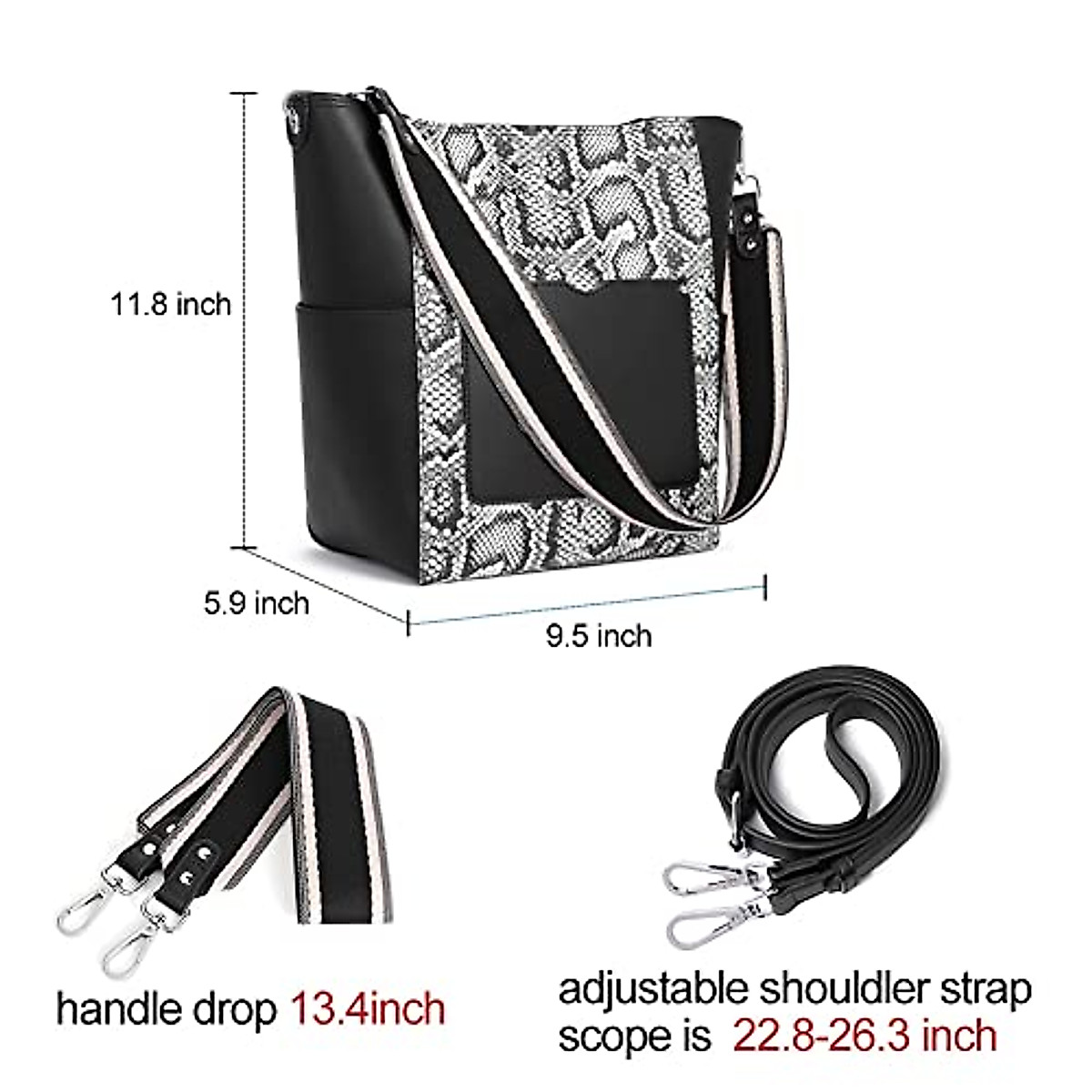 CLUCI Purses and Handbags for Women Vegan Leather Designer Tote Large Hobo Shoulder Bucket Cross-body Bag Snake Pattern with Black