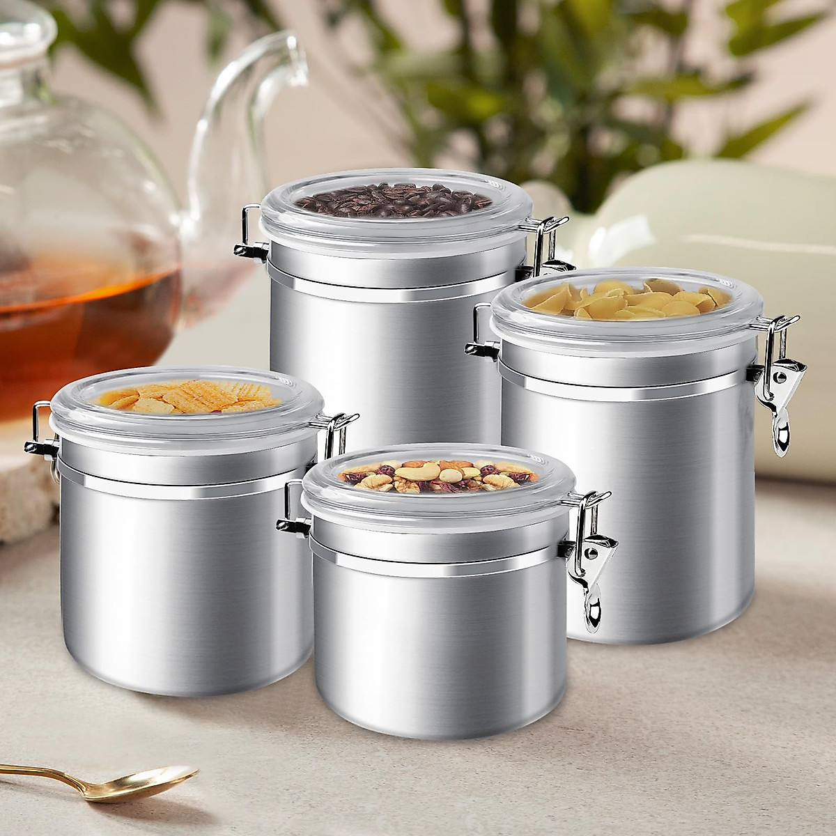 ENLOY 4-Piece Stainless Steel Airtight Food Storage Canister Set with Clear Lid, Canister Sets for Kitchen Counter for Sugar, Flour, Tea, Candy, Cookie, Spice, 28/32/38/65 oz