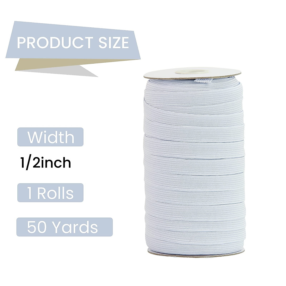 Flat Elastic Band for Sewing, 1/2 inch 50 Yards High Elasticity White Elastic Cord Elastic Rope Knit Elastic Spool for Sewing DIY Crafts(White,1/2 Inch * 50 Yard)