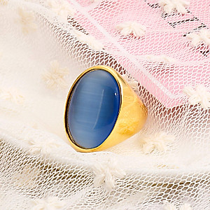 HIJONES Stainless Steel Big Oval Light Blue Cat Eye Stone Ring for Men Women Stainless Steel Wedding Promise Bands Gold Size 8