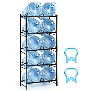 MOOACE 5 Gallon Water Bottle Holder, 5 Tier Water Jug Rack, Water Jug Holder Rack for 5 Gal Water Bottle, Heavy Duty Detachable 5 Gallon Water Jug Stand for 10 Bottles, Black