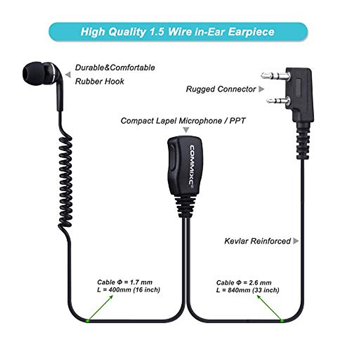 COMMIXC (2 Pack) Walkie Talkie Headset, 2-Pin 3.5mm/2.5mm in-Ear Walkie Talkie Earpiece with PTT Mic, Compatible with Kenwood Bao Feng Two-Way Radios