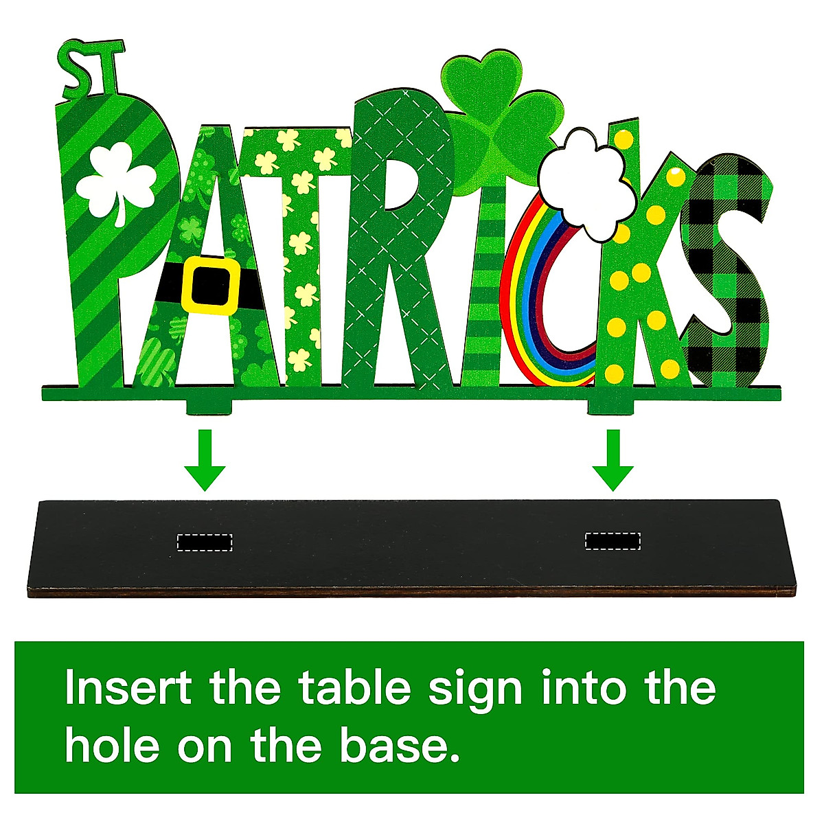 Sggvecsy 3 Pcs St Patricks Day Decorations Lucky Irish Wooden Table Sign Tabletop Centerpiece Signs with Gnome Coins Shamrock Rainbow Buffalo Plaid Table Ornaments for Home Desk Window Indoor Decor