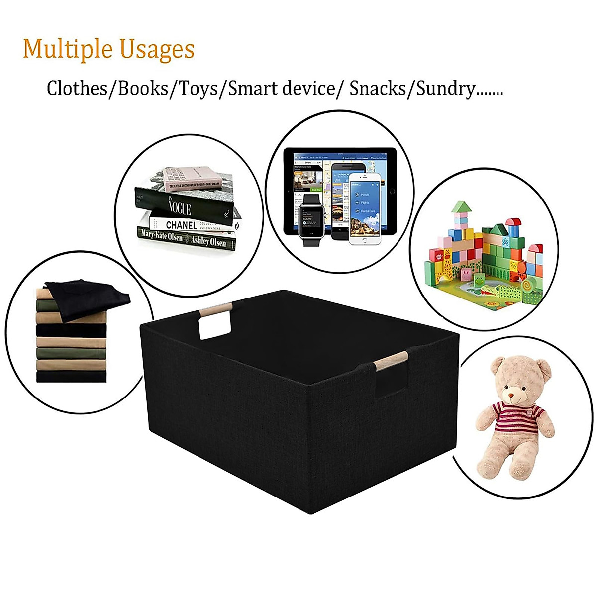 xianshengle Fabric Storage Basket for Shelves, Collapsible Storage Bins with wood Handles, Rectangle Closet Baskets, Wardrobe Organiser, for Sorting Clothes, Family Items (Black) (1)