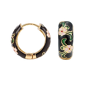 Vintage Enamel Flower Small Hoop Earrings, Retro Japanese Style Flowers Ear Clip-on for Women Delicate Jewelry-black