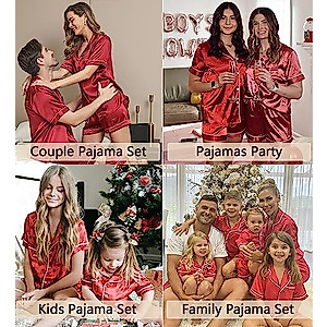 SWOMOG Womens Silk Satin Pajamas Short Sleeve Sleepwear Two-piece Loungewear Button-Down Pj Set Nightwear Red