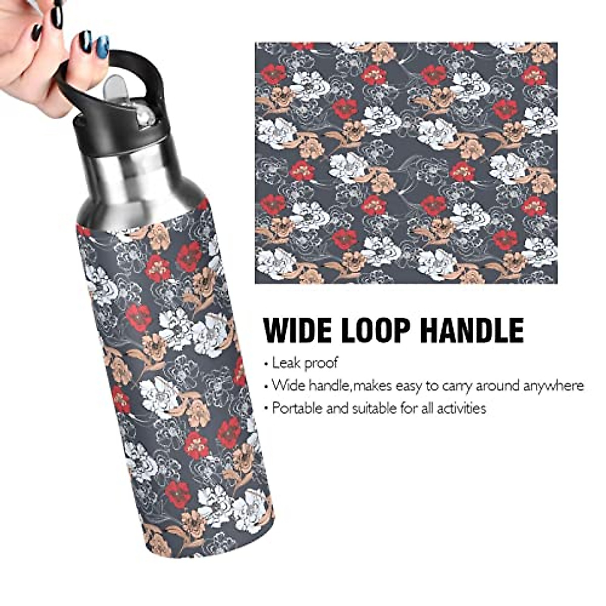 Kigai Floral Pattern Stainless Steel Sports Water Bottle BPA-Free Vacuum Insulated Leakproof Wide Mouth Flask with Straw Lid Keeps Liquids Cold or Hot for Gym Travel Camping