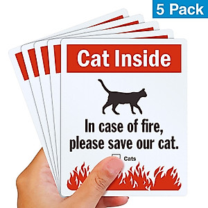 SmartSign (Pack of 5) 5 x 4 inch “Cat Inside - in Case of Fire Please Save Our Cat” Labels, 5.5 mil Laminated Vinyl, 3M Engineer Grade Reflective Material, Red/Black on White, Made in USA