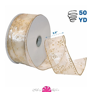 Morex Ribbon 7405.60/50-004 Snowflake 2.5" X 50 YD Nylon Sheer Wired Glitter Ribbon, Ivory/Gold, Ribbon Art Supplies for Christmas Decorations, Indoor Christmas Ribbon for Gift Wrapping Art Set