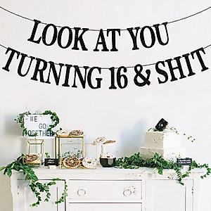 Happy 16th Birthday Banner, Happy Sweet 16, 16 and Fabulous, Funny Teens 16th Birthday Party Decorations Backdrop Gifts, Black Glitter