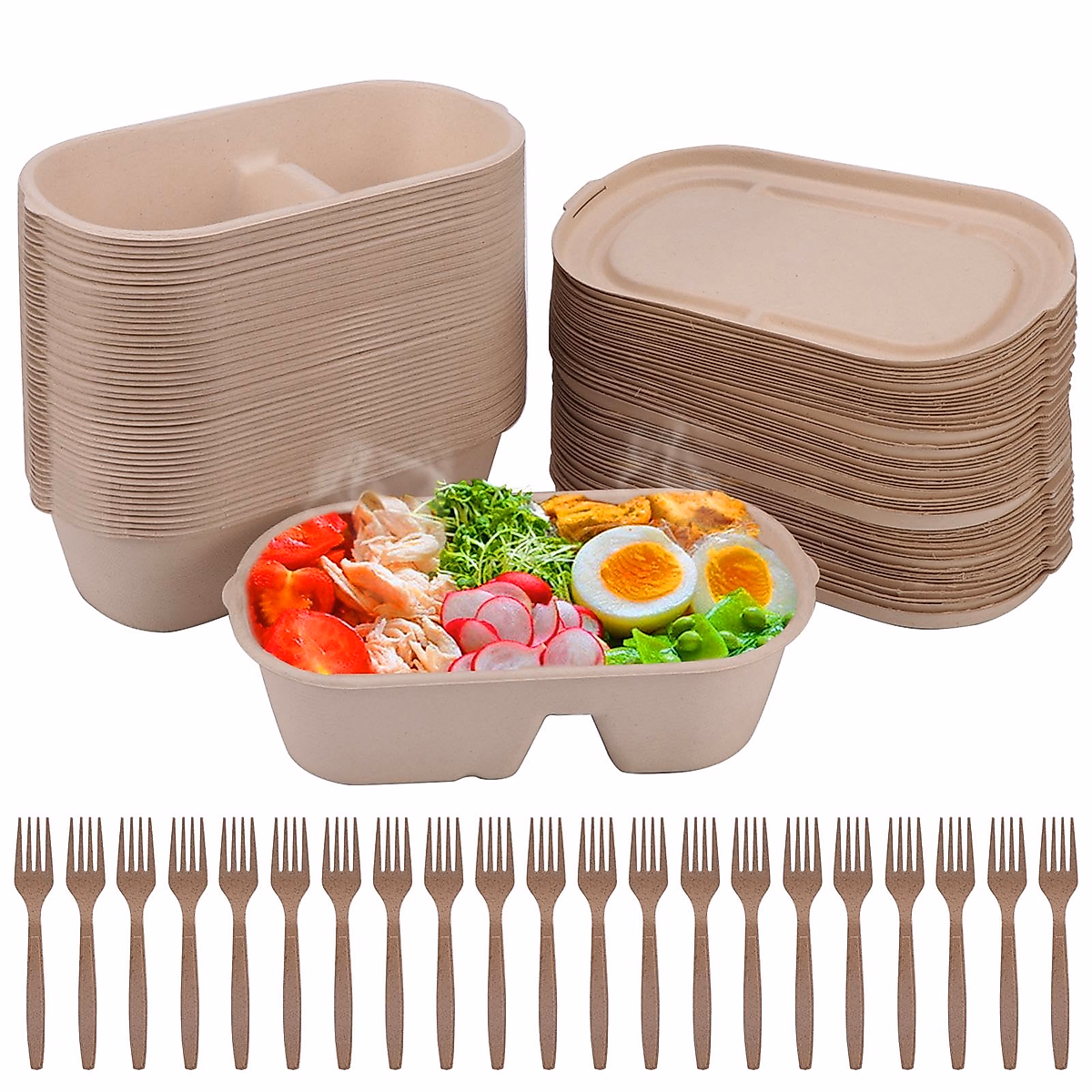 50Pcs Disposable Bowls with Lids and Forks,2 Compartment Paper Pulp Compostable Food Storage Container,Biodegradable Disposable Bowls Leakproof and Microwave Safe,for Hot/Cold Use