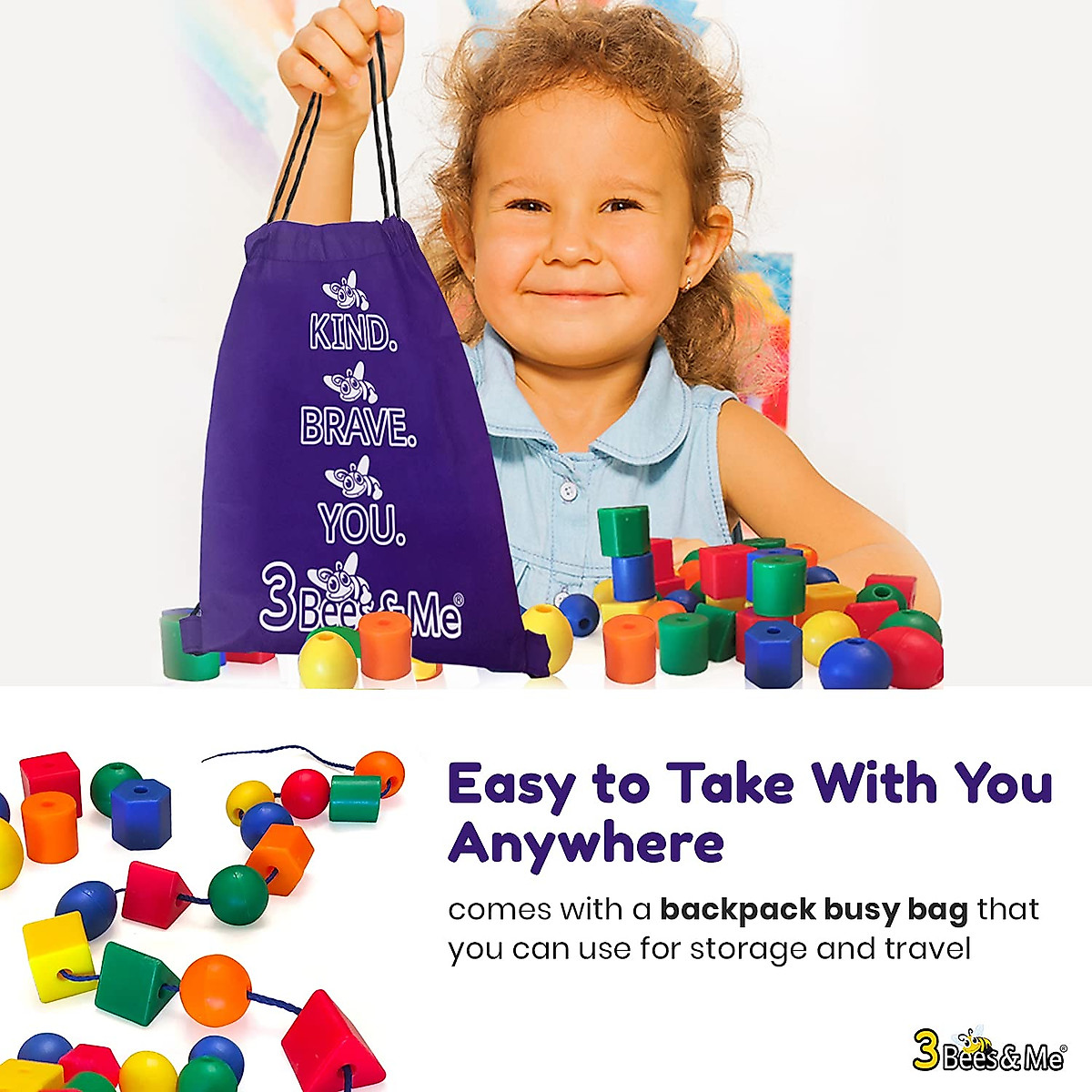 3 Bees & Me Jumbo Lacing Beads - Threading Toys for Toddlers & Kids Ages 3-5 - Fine Motor Preschool Activity with 50 Large Beads & Strings