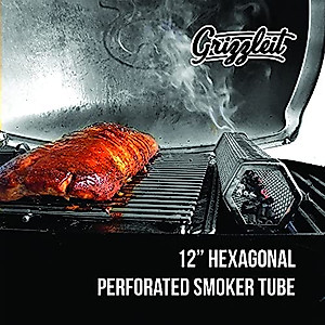 GrizzleIt Pellet Smoker Tube - 12 inches 304 Stainless Steel Smoke Tube for Hot or Cold Smoking - 5 hours of billowing Smoke - Includes 2 S-Shaped Hooks, Silicon Buttering & Cleaning Brush
