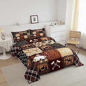 Bear Comforter Set Cute Elk Print Bedding Set for Teens Farmhouse Wild Animals Style Bedding Set Plaid Grid Geocmetric Brown Black Duvet Set Room Decor 2Pcs with 1 Pillow Case Twin Size